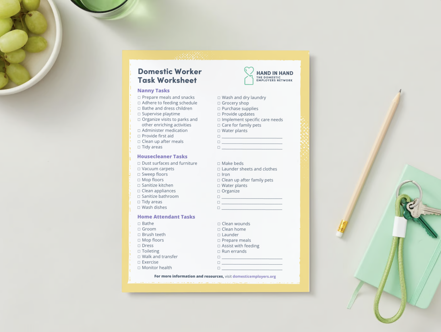 Domestic Worker Task List Worksheet | Hand In Hand