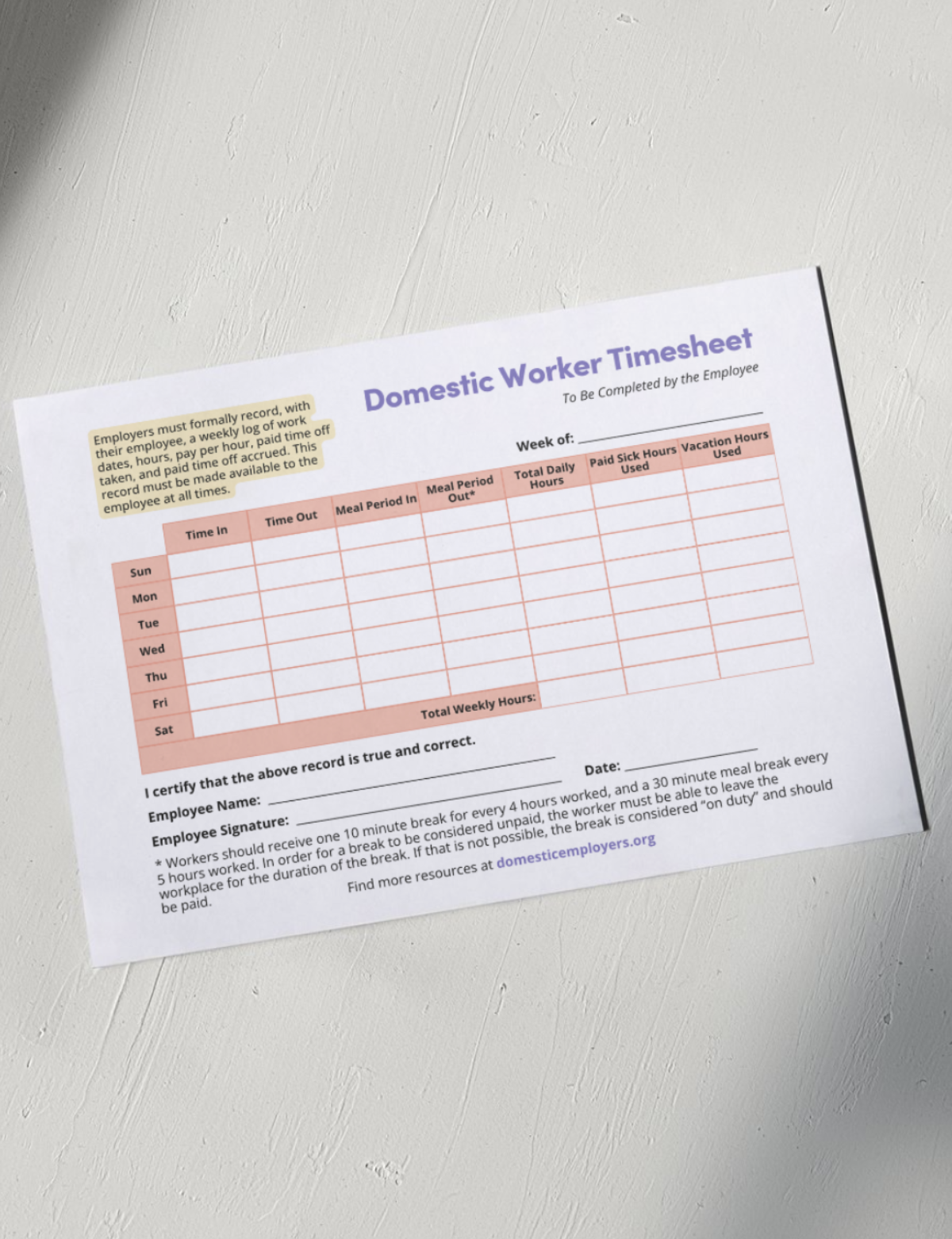 Domestic Worker Timesheet | Hand In Hand